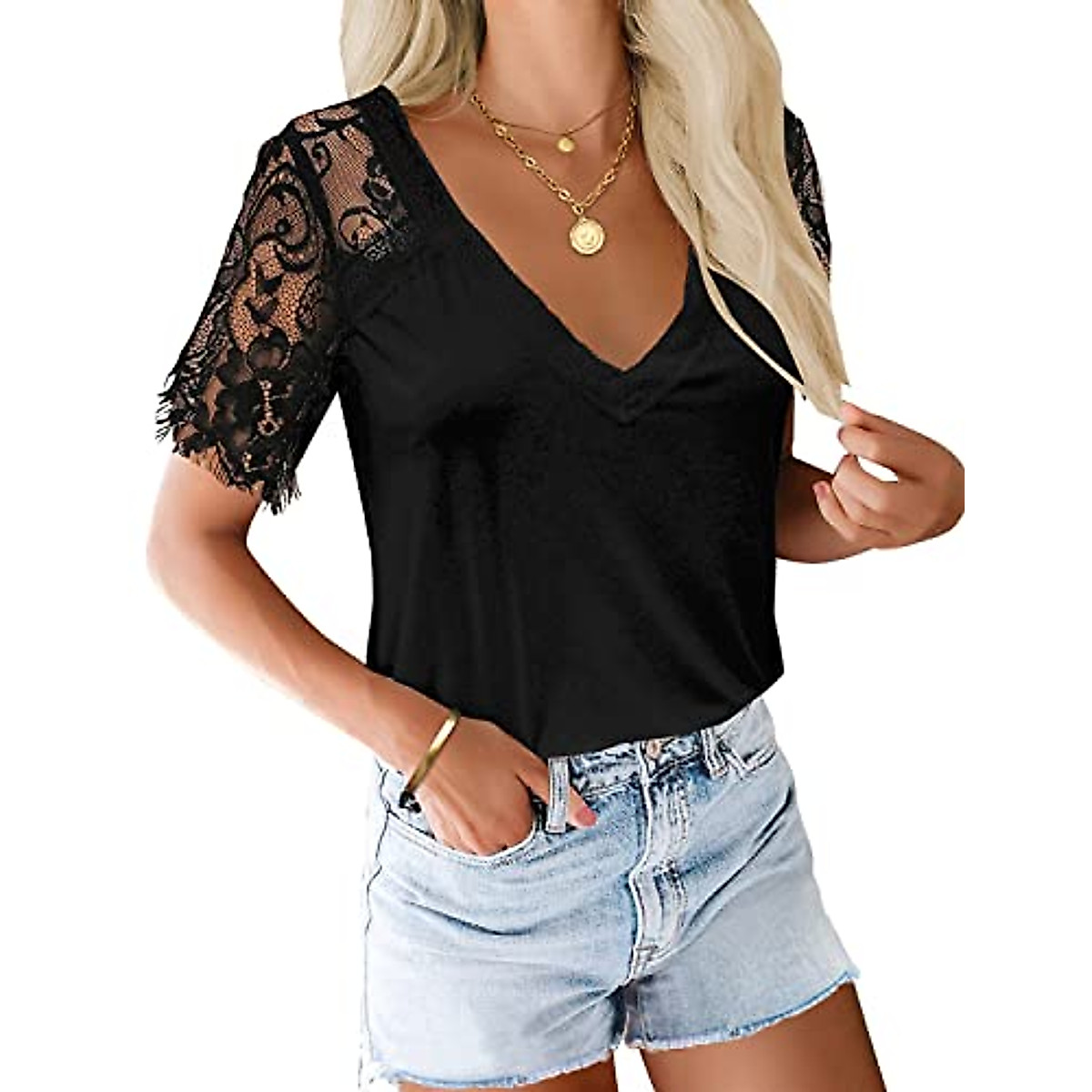 LookbookStore Women's V Neck Scalloped Lace Tee Tops Short Sleeve T Shirt Casual Summer Tops for Women 2024 Black T Shirts for Women Blace Lace Tops Casual Comy Short Sleeve Shirts Size M Size 8 10