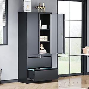 Yizosh Metal Storage Cabinet with 2 Drawers - 71" Steel Lockable File Cabinet for Home Office, Locking Cabinet with 2 Doors and 2 Shelves for Living Room, Pantry, Gym, Commercial Storage