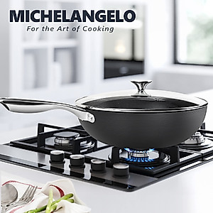 MICHELANGELO Nonstick Wok with Lid, Hard Anodized Wok Pan, Induction Wok 12 Inch, Large Wok Pan with Flat Bottom, Cooking Wok with Steamer Rack & Fry Basket, Woks and Stir Fry Pans - 5 Quart