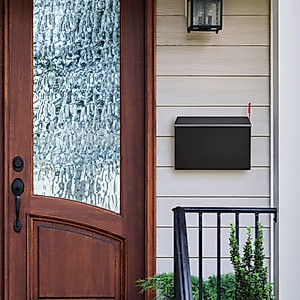 LAND·VOI Wall-Mount Mailbox with One Flag Kit and Three Sets of 0-9 Mailbox Number Stickers, Mailboxes for Outside, Galvanized Steel Rust-Proof Metal Post Box, 4.33" Dx14.2 Wx10.43 H, Black, AMB03B