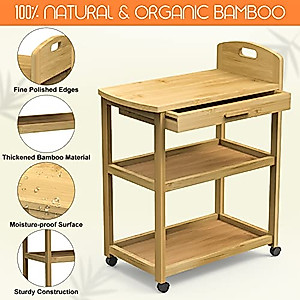 Purbambo Bamboo Kitchen Storage Cart, 3 Tier Rolling Cart, Mobile Utility Cart Trolley with Drawer and Lockable Casters for Home Kitchen