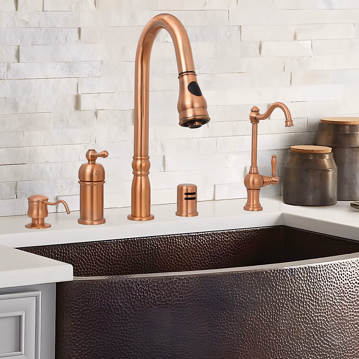Copper Kitchen Faucet with in-Deck Handle and Soap Dispenser, Single Handle Solid Brass High Arc Pull Down Sprayer Head Kitchen Sink Faucet AK97918