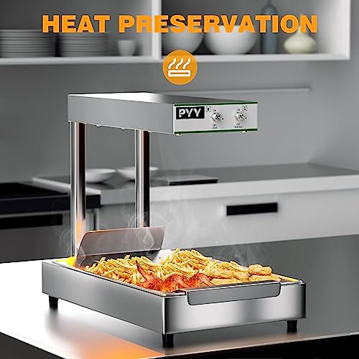 PYY French Fry Warmer Food Warmer Fries Countertop Food Heat Lamp for Chips Commercial Heat Light Free-Standing Warming Dump Station Churros Fried Food (Silver)