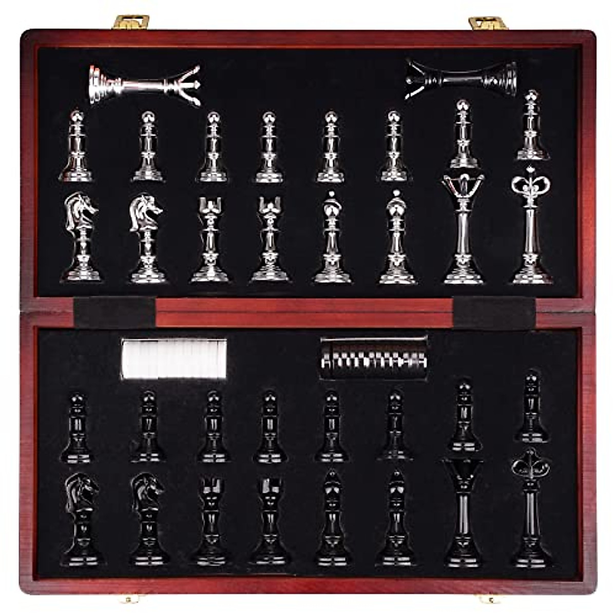 15" Metal Chess Sets for Adults Kids Checkers Game Set (2 in 1) with Black Silver Chess Pieces & Portable Folding Wooden Chess Board Travel Chess Sets Board Metal Staunton Chess Pieces, & Storage Box