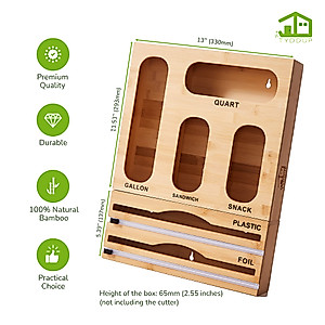 TYDDUP - 6 in 1 Ziplock Bag Organizer with Alum. Foil/Plastic Wrap Dispenser with Cutter & Labels for Kitchen Drawer |Bamboo Kitchen Organization |Compatible Gallons,Quarts,Snack,and Sandwich Bags.