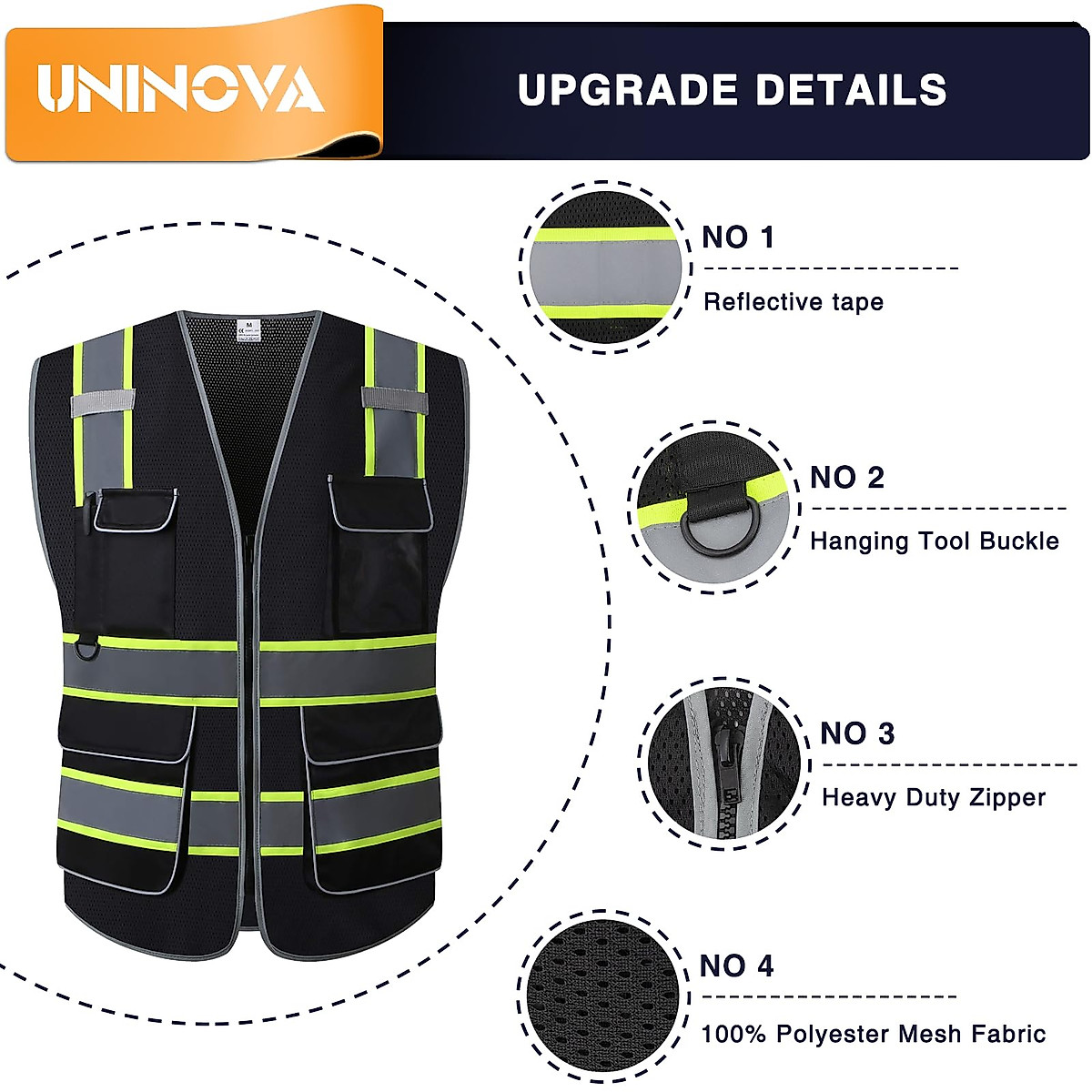 UNINOVA High Visibility Safety Vest - Multi Pockets Reflective Mesh Breathable Workwear, ANSI/ISEA Standards (Large, Black Mesh-02)