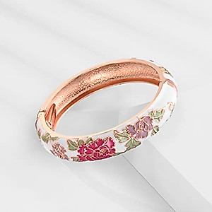UJOY Fashion Cloisonne Bracelets Set Gold Plated Enameled Jewelry Spring Hinged Metal Cuff Bangles Gift Box Packed 55A106-55A113 white rose