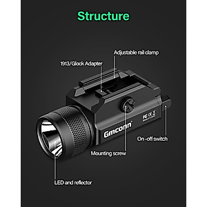 Gmconn 1250 Lumen Tactical Flashlight Pistol Light Rail Mounted LED Gun Light Strobe Weaponlight for Glock Pistol and Picatinny MIL-STD-1913