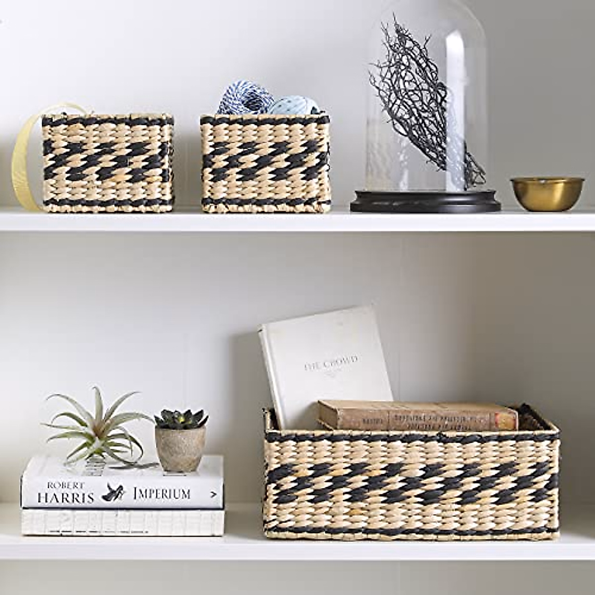 Water Hyacinth and Paper Handwoven Rectangle Basket (Assorted Set of 3, 1 Medium 13.8"x9.4"x5.1", 2 Small 7.5"x5.9"x4.5", Beige and Black)