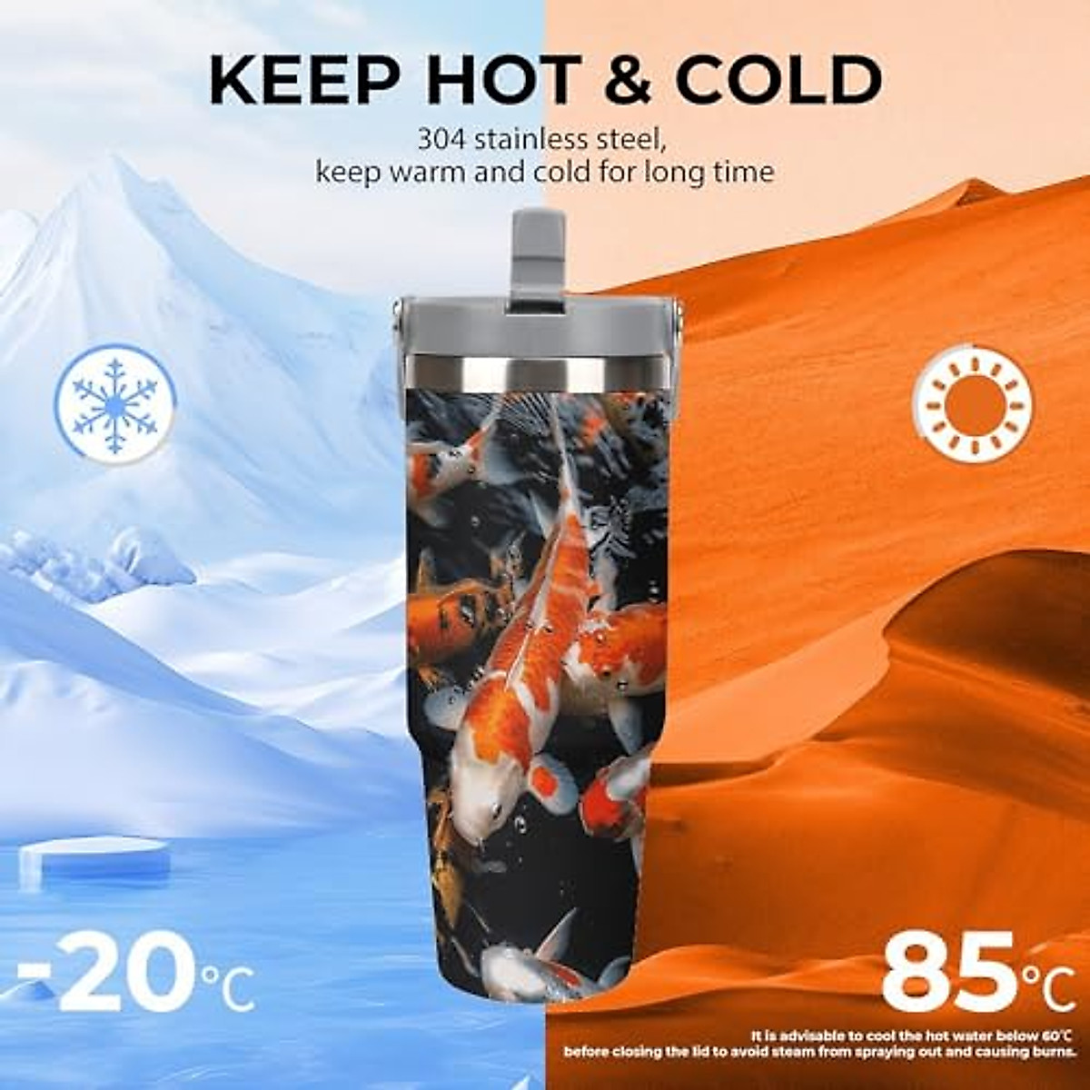 Japan Fancy Carp Fishes 30oz Stainless Steel Insulated Tumbler with Straw & Foldable Handle - Leakproof, Double-Wall Vacuum Travel Thermos for Hot/Cold Drinks, Non-Slip Base, Fit Cup Holders