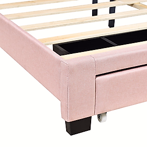 Upholstered Queen Size Platform Bed with 2 Drawer,Linen Fabric Solid Wood Bed Frame with Tufted Nail Head Board. Suitable for Children and Teenagers (Pink#1^)