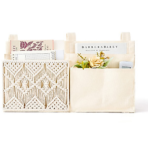 Mkono Bedside Caddy Hanging Organizer, Bunk Woven 7 Pockets Bed Storage Bag Boho Remote Magazine Books Holder with Macrame for Loft Bed College Dorm Bedroom Baby Bed Rails, Ivory