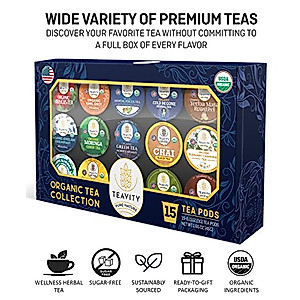 Organic Tea Pods Variety Pack - Assorted Sampler Pack Compatible for Keurig Brewer and Coffee Maker - Earl Grey, English Breakfast, Chai, Chamomile - Herbal Tea Pod for K Cup Keurig Brewing -15 count (Pack of 1) by Teavity
