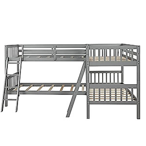 Harper & Bright Designs L Shaped Bunk Bed for 4, Quad Bunk Bed Twin Size, Wooden Bunk Bed Frame for Kids Teens Adults - Gray