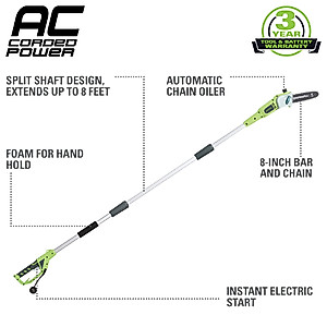Greenworks 20192 8.5-Inch 6.5 Amp Electric Corded pole saw, Green