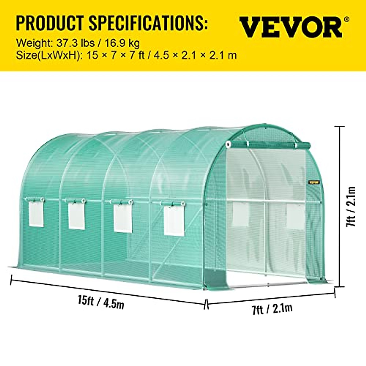 VEVOR Walk-in Tunnel Greenhouse, 14.8 x 6.6 x 6.6 ft Portable Plant Hot House w/ Zippered Door, 8 Roll-up Windows, Galvanized Steel Hoops, 1 Top Beam, and 2 Diagonal Poles, Green