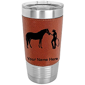 LaserGram 20oz Vacuum Insulated Tumbler Mug, Horse and Cowgirl, Personalized Engraving Included (Faux Leather, Basketball Style)