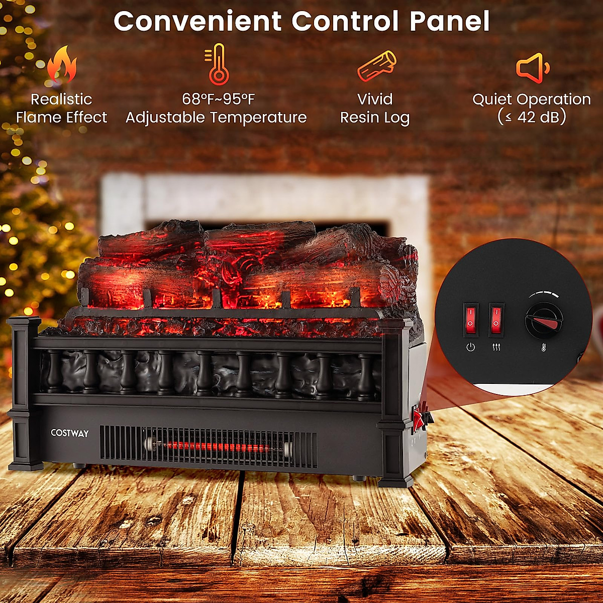 COSTWAY Eternal Flame Electric Fireplace Log, 20-inch Fireplace Insert Log Heater with Realistic Pinewood Ember Bed, Adjustable Temperature, Infrared Electric Fireplace Log for Home Decor, Black 1500W