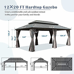 Domi Outdoor Living 12’ X 20’ Hardtop Gazebo Canopy with Netting & Curtains, Outdoor Aluminum Gazebo with Galvanized Steel Double Roof for Patio Lawn and Garden, Gray
