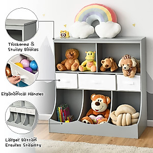 HONEY JOY Kids Toy Storage Organizer with Bookcase, 8-Cubby Organization Storage Cabinet w/Display Shelf & 3 Removable Fabric Bins, Wooden Toy Storage Unit for Playroom, Nursery Daycare(Gray)