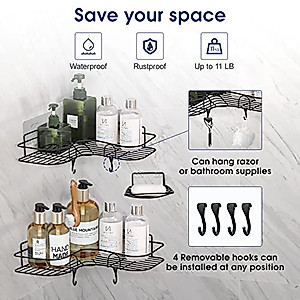 Huryfox Corner Shower Caddy Bathroom Organizer Shower Shelf with Soap Holder and Hooks, Adhesive Shower Shelves, Wall Mounted Shampoo Holder, 2 Pack Shower Racks for Inside Shower, Black
