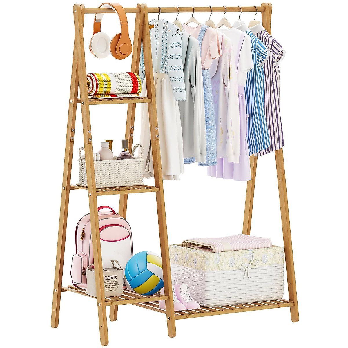 COOGOU Small Clothes Racks,Kids Clothes Hanging Rack, Bamboo Wood Clothing Garment Rack with Shelves, Free Standing Corner Dress Costume Rack for Small Place,Bedroom,Bathroom, Portable