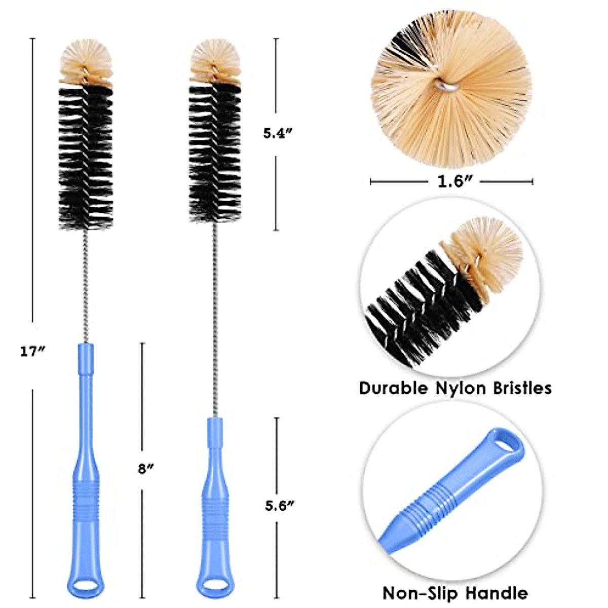 Bottle Cleaning Brush, 17 Inches Extra Long Handle Water Bottle Brush, Flexible Bendable Cleaner for Washing Narrow Neck Bottles, Wine Decanter, Kombucha, Pipes, Beer Brewing Supplies, 2 Pack