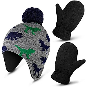 Syhood Toddlers Snow Gloves and Hats Knit Beanie Ski Earflap Hat and Gloves Baby Dinosaur Cap for Boy Girl (Black, 3-8 Years Old)