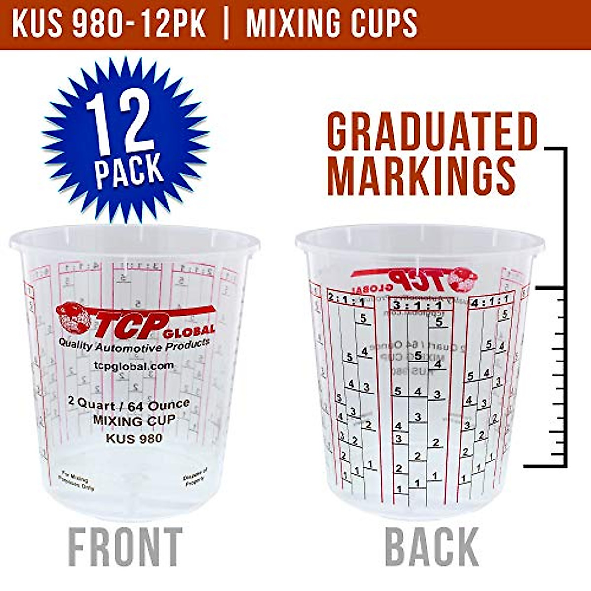 Custom Shop - Pack of 12-64 Ounce Graduated Paint Mixing Cups (2 Quarts) - Cups Have Calibrated Mixing Ratios on Side of Cup - Cups Hold 80-Fluid Ounces