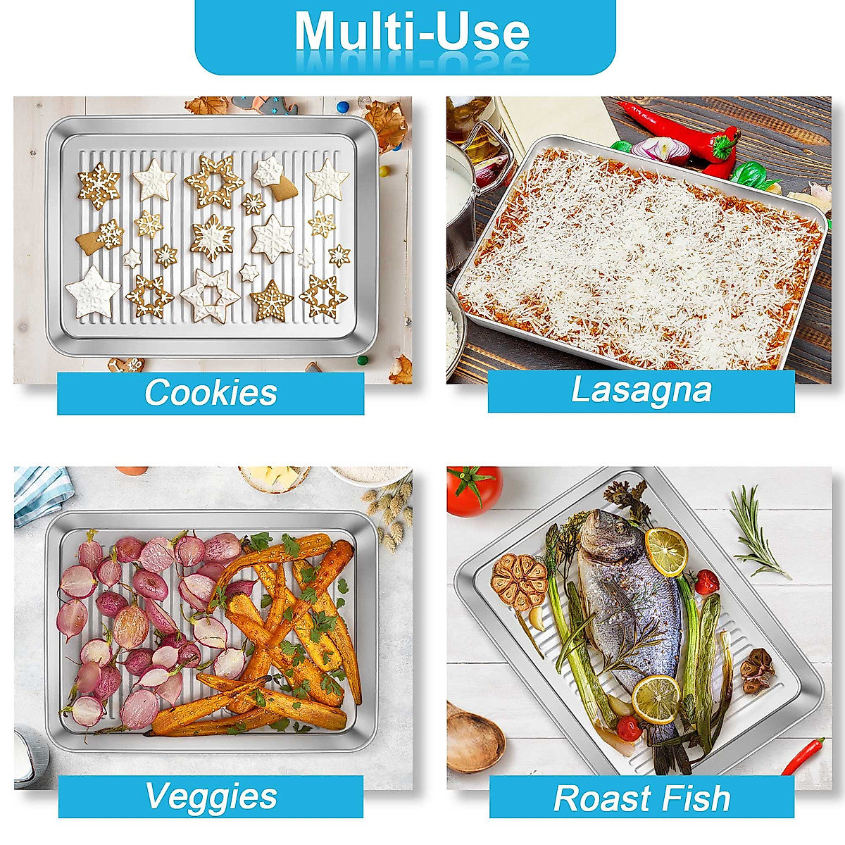 TeamFar Lasagna Pan, 12.4 Inch Stainless Steel Rectangular Textured Baking Pan with Lid, Corrugated Bottom & Deep Side, Non-Toxic & Heavy Duty, Dishwasher Safe - (2 Pans + 2 Lids）