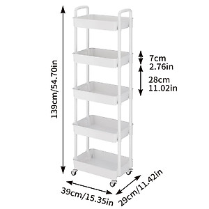 Buzowruil 5-Tier Utility Rolling Plastic Storage Cart Trolley with Lockable Wheels,Multifunctional Storage Shelves for Kitchen Living Room Office,White
