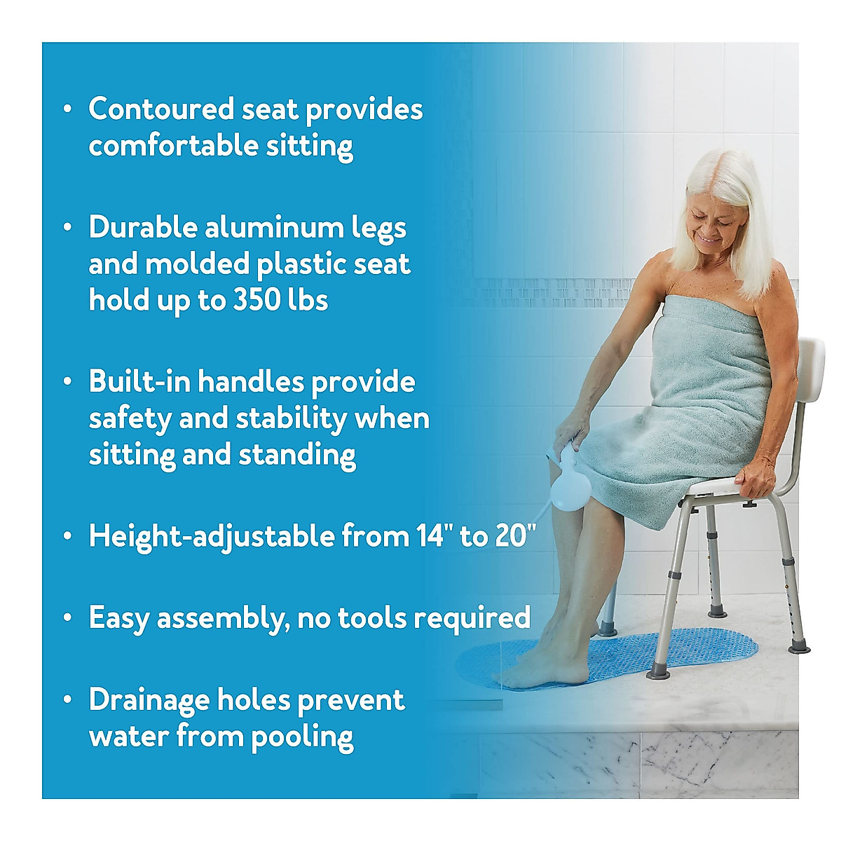 Carex Shower Chair With Back, Bath Chair and Shower Seat For Elderly, Handicap, and Disabled, 350lbs, Easy Assembly