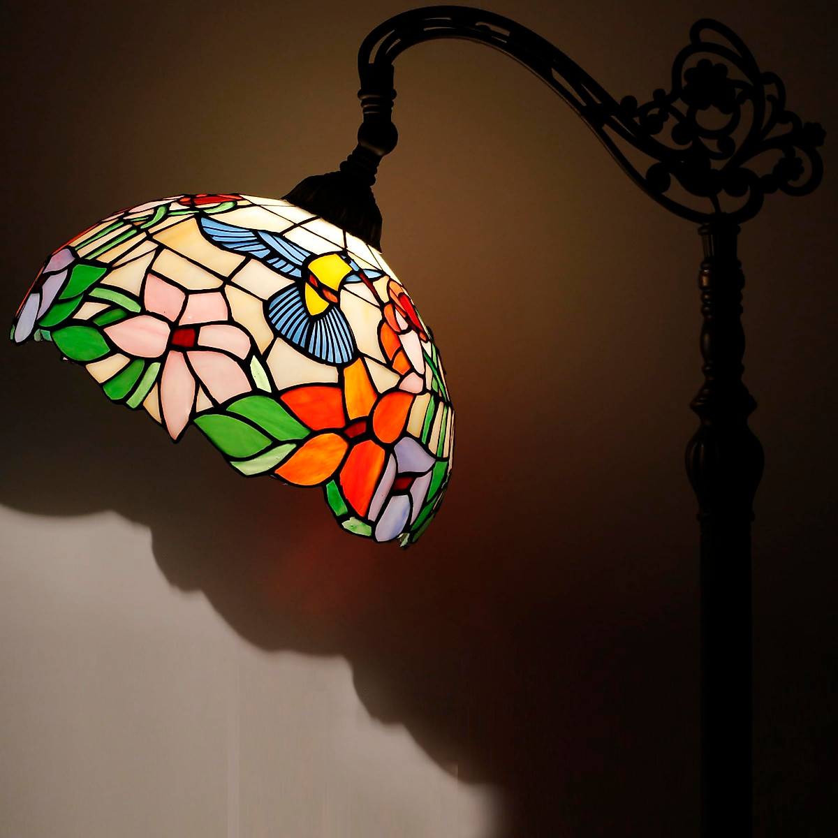 WERFACTORY Tiffany Floor Lamp Hummingbird Amber Stained Glass Arched Lamp 12X18X64 Inches Gooseneck Adjustable Corner Standing Reading Light Decor Bedroom Living Room S101 Series