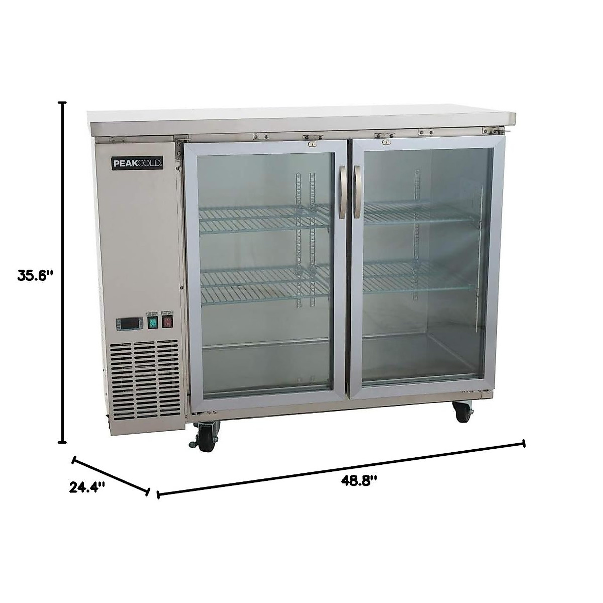 PEAKCOLD 2 Glass Door Commercial Back Bar Cooler; Stainless Steel Under Counter Refrigerator; 48" W