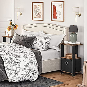 HOOBRO Bedside Table with Pull-Out Collapsible Storage Box, Retro Small Nightstand for Small Space, Living Room, Bedroom, Stable and Sturdy, Rustic Brown and Black BF35BZ01