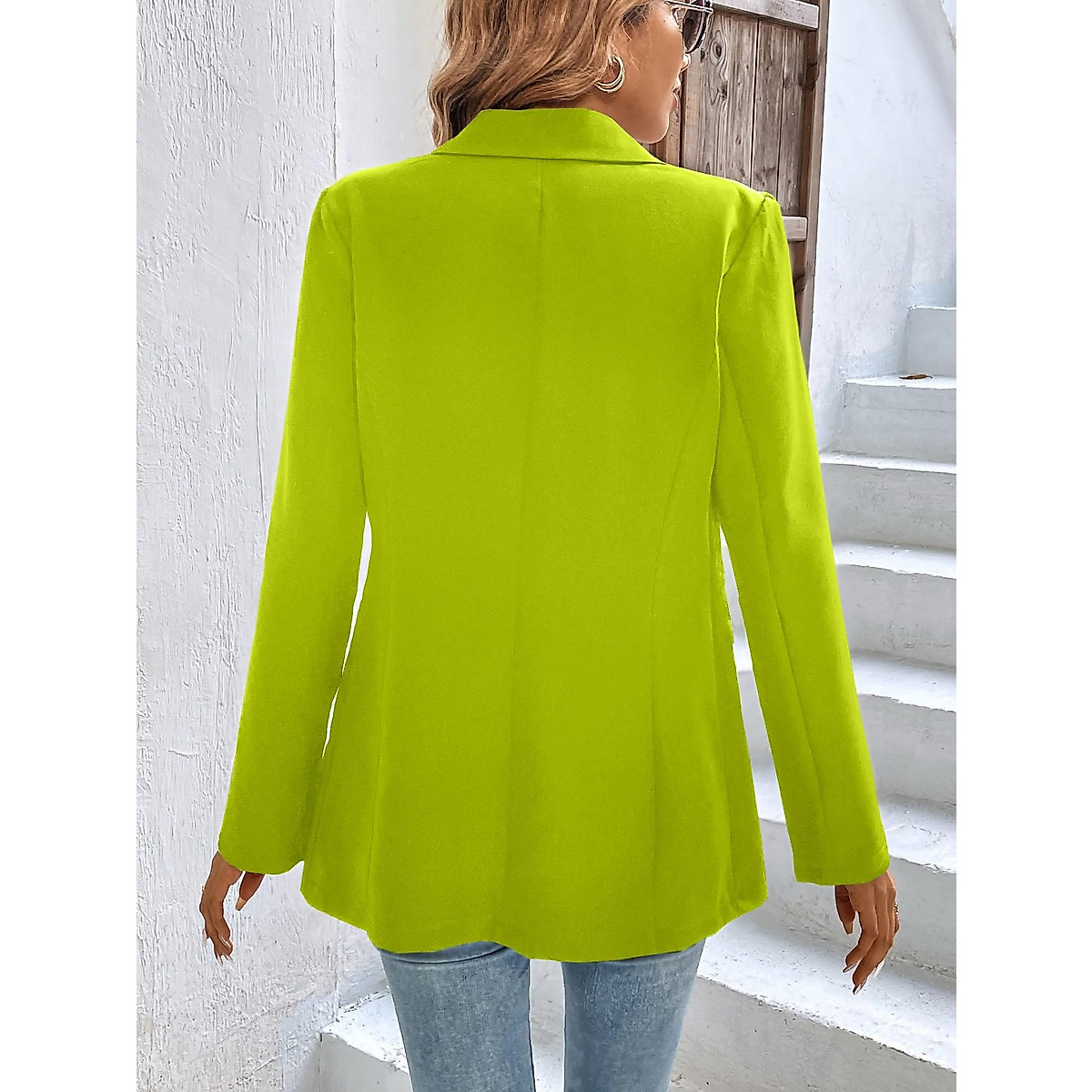 WDIRARA Women's Lapel Neck Open Front Blazer Long Sleeve Pocket Button Front Jacket Lime Green M