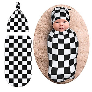 Checkered Black And White Baby Stuff New Born Swaddle Baby Blanket Sleep Sack Soft Stretchy Transition Baby Swaddle Wrap Receiving Blankets With Beanie Hat Sets Gifts For 0-6 Month Boy Girl And Infant