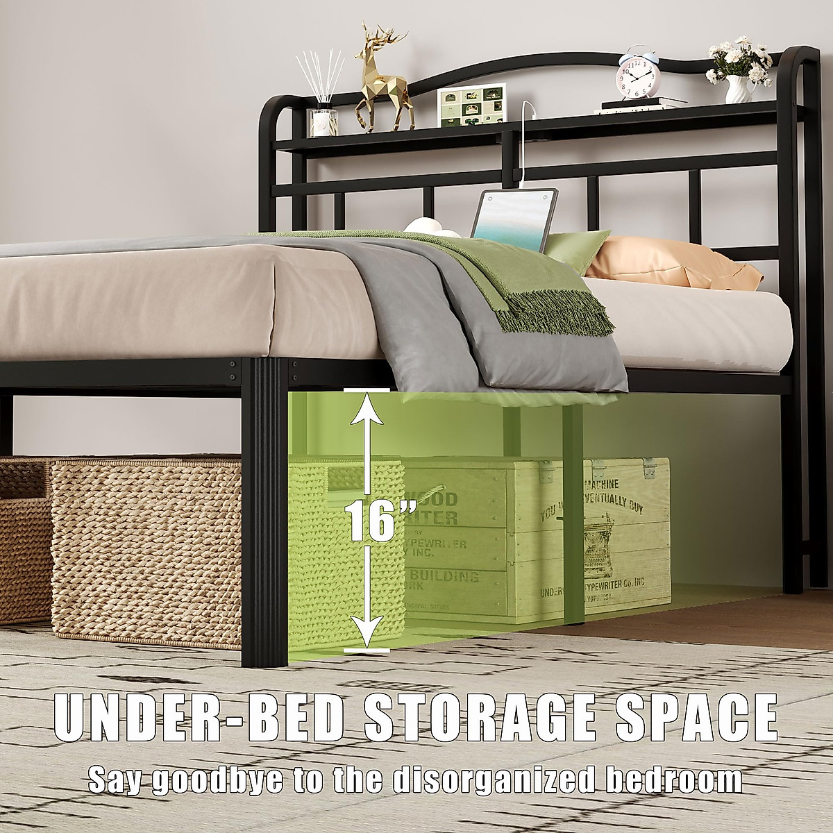 SHOANED 18 Inch Metal Bed Frame - Twin Size Black Heavy Duty Bedframe Platform Basic Mattress Foundation with Headboard & Charging Station No Box Spring Needed/Easy Assembly/Noise-Free