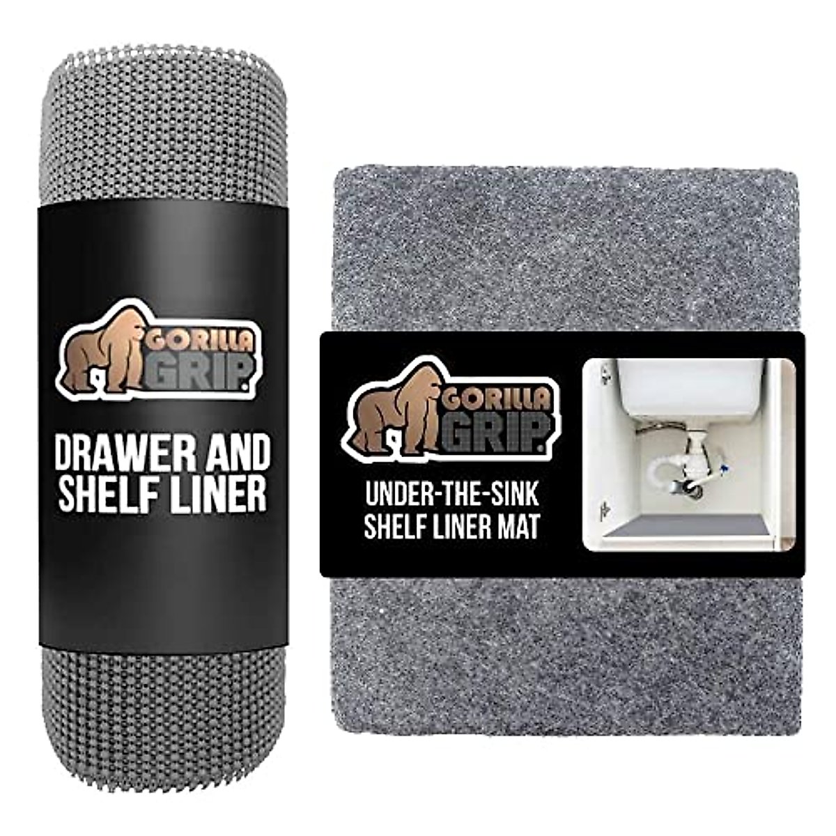 Gorilla Grip Drawer Liner and Under Sink Mat, Drawer Liner Size 12 in x 20 FT in Gray, Non Adhesive, Under Sink Mat Size 24x30 in Charcoal, 2 Item Bundle