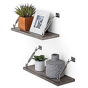 Under.Stated Floating Shelves Wall Mounted Wood Hanging Shelf Set for Bathroom Kitchen Living Room Bedroom Storage (Rustic Grey with Industrial Hardware Set of 2)