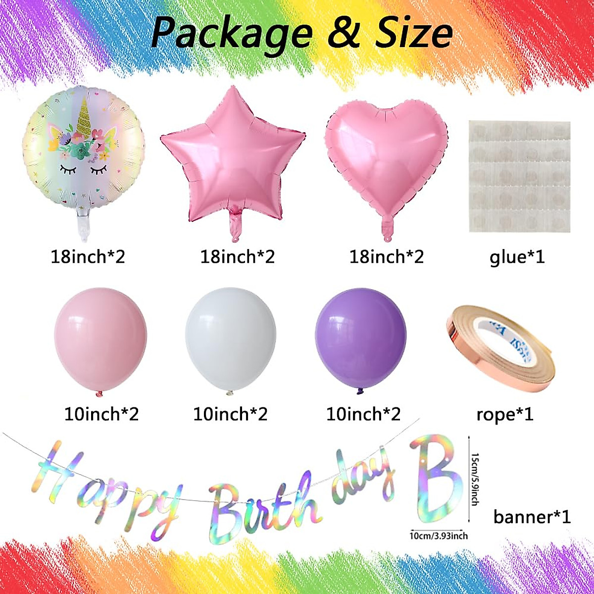 Unicorn 5th Birthday Party Decorations for Girl Purple Pink Unicorn Party Theme Balloon Set, Large Rainbow Unicorn Helium Balloons with Heart and Star Baby Shower Kids Supplies (number 5 set)