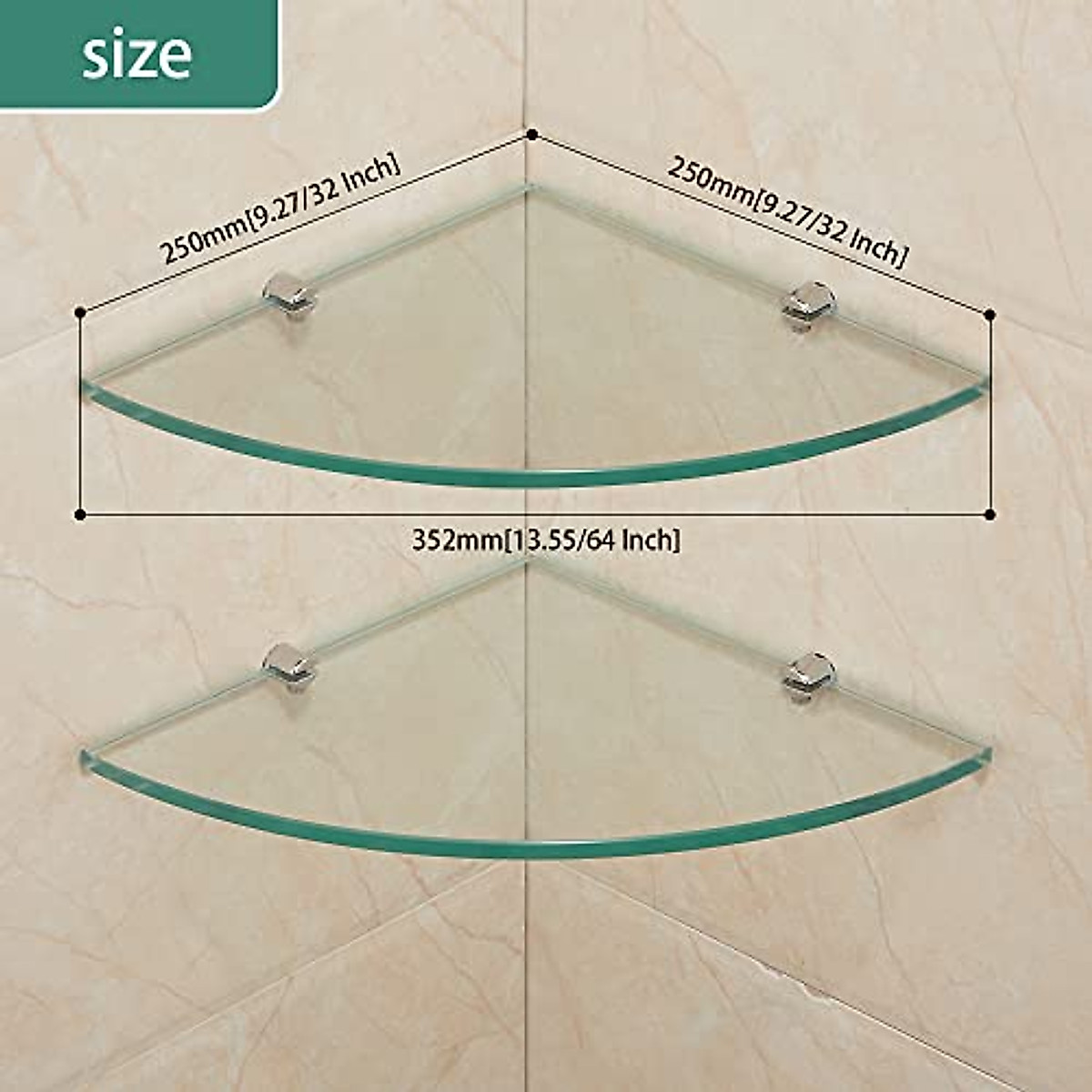 WAKLOND Bathroom Shelves, 2-Tier Bathroom Glass Corner Shelf Wall Mounted ,Tempered Glass Shelf for Storing Seasoning Bottle/Brush/Shower Gel/Soap/Shampoo