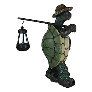 Ebros Gift Nautical Nature Lover Adventure Hiking Tortoise with Straw Hat Statue Carrying Solar Powered Lantern LED Light On A Pole Turtle Garden Yard Pool Patio Deck Home Decorative Accent