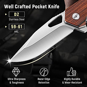 KEXMO Pocket Knife for Men - 2.96'' Ultra Sharp D2 Blade Rosewood Handle Folding Pocket Knife with Clip - Small EDC Wood Knife for Tactical Survival Camping Hunting Gift for Men Dad Husband Women