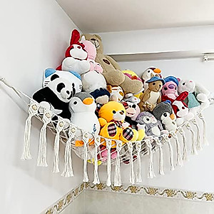 Stuffed Animal Net or Hammock, Boho Macrame Toy Hammock with LED Lights, Decorate Room Space Saving Pet Net for Stuffed Animals, Suitable for Nursery Playroom Kids Bedroom