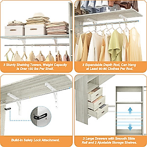 Armocity 96 Inches Closet System, 8FT Walk In Closet Organizer with 3 Shelving Towers, Heavy Duty Clothes Rack with 3 Drawers, Built-In Garment Rack, 96"L x 16"W x 75"H, Load 1000 LBS, White Oak