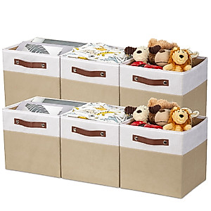 HNZIGE Cube Storage Organizer Bins,Shelf Fabric Storage Bin 11 x 11, 6 PCS Canvas Linen Organizers Bins,Decorative Storage Cube Bin for Storage Blanket Home, Office(White Beige)