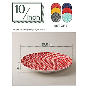DOWAN 10" Colorful Dinner Plates - Set of 6, Large Ceramic Plates for Salad, Pasta, Pancakes, Steak - Serving Plates for Party, Wedding, Easter, Restaurant, Picnic - Dishwasher & Microwave Safe