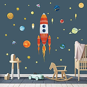 wondever Rocket Wall Stickers Outer Space Planets Peel and Stick Wall Art Decals for Baby Nursery Kids Bedroom Playroom (H:40 inches)
