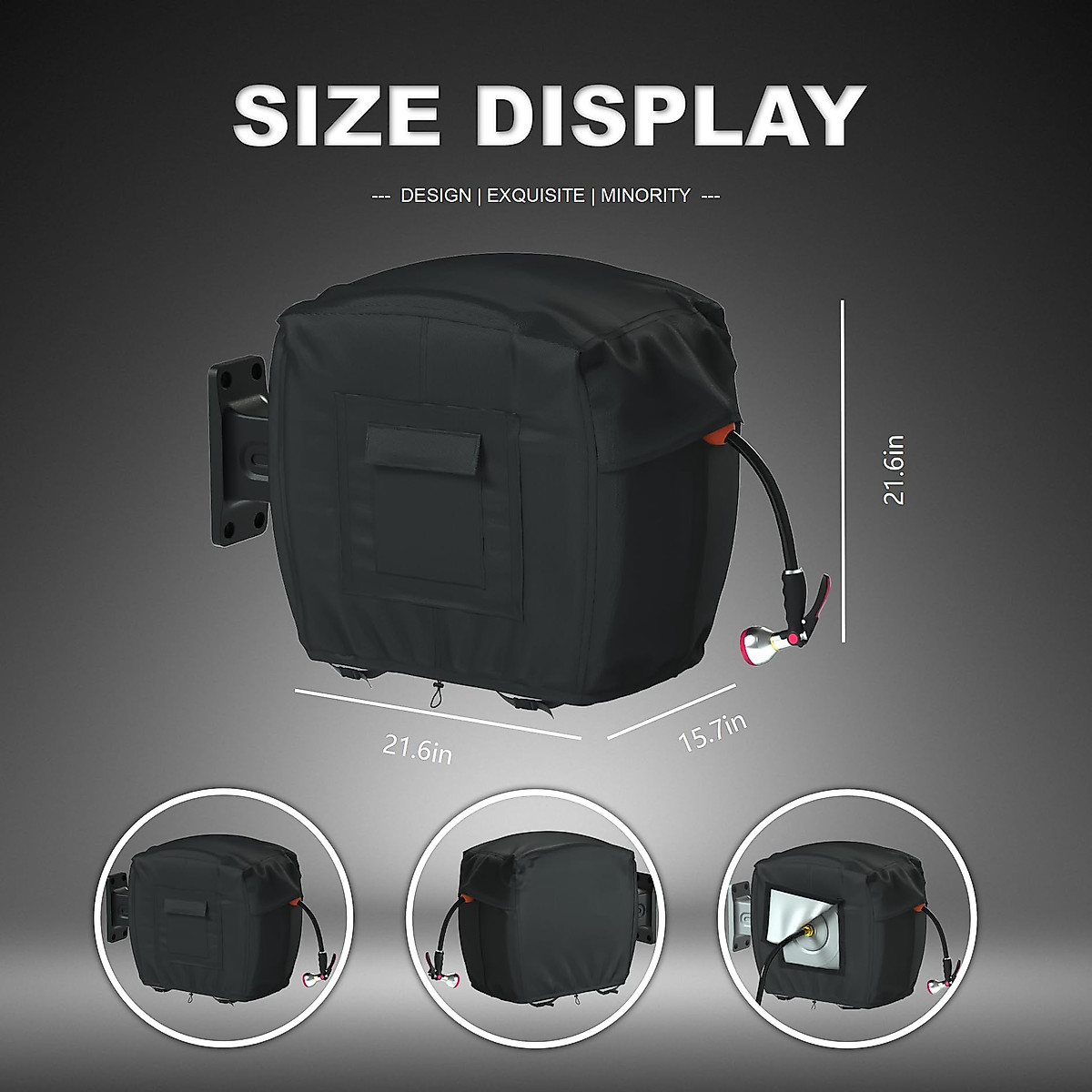 Garden Hose Reel Cover UV Resistant, 100% Waterproof and Anti-Fading Cover for Water Hose Reel，Heavy Duty 600D Polyester Coated Material,With Storage Function ，Black(21.6″ x 15.7″ x 21.6″)